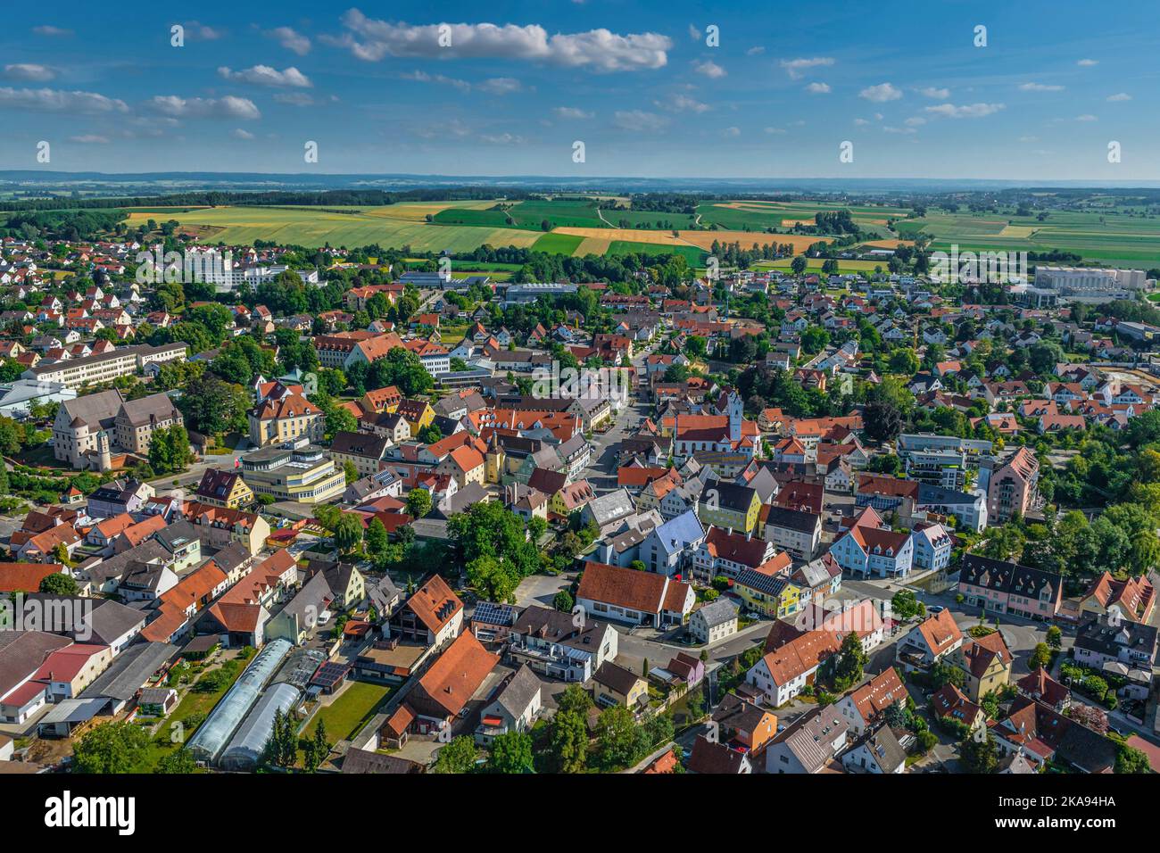 Aerial view to the little country town of Wertingen in northern part of ...