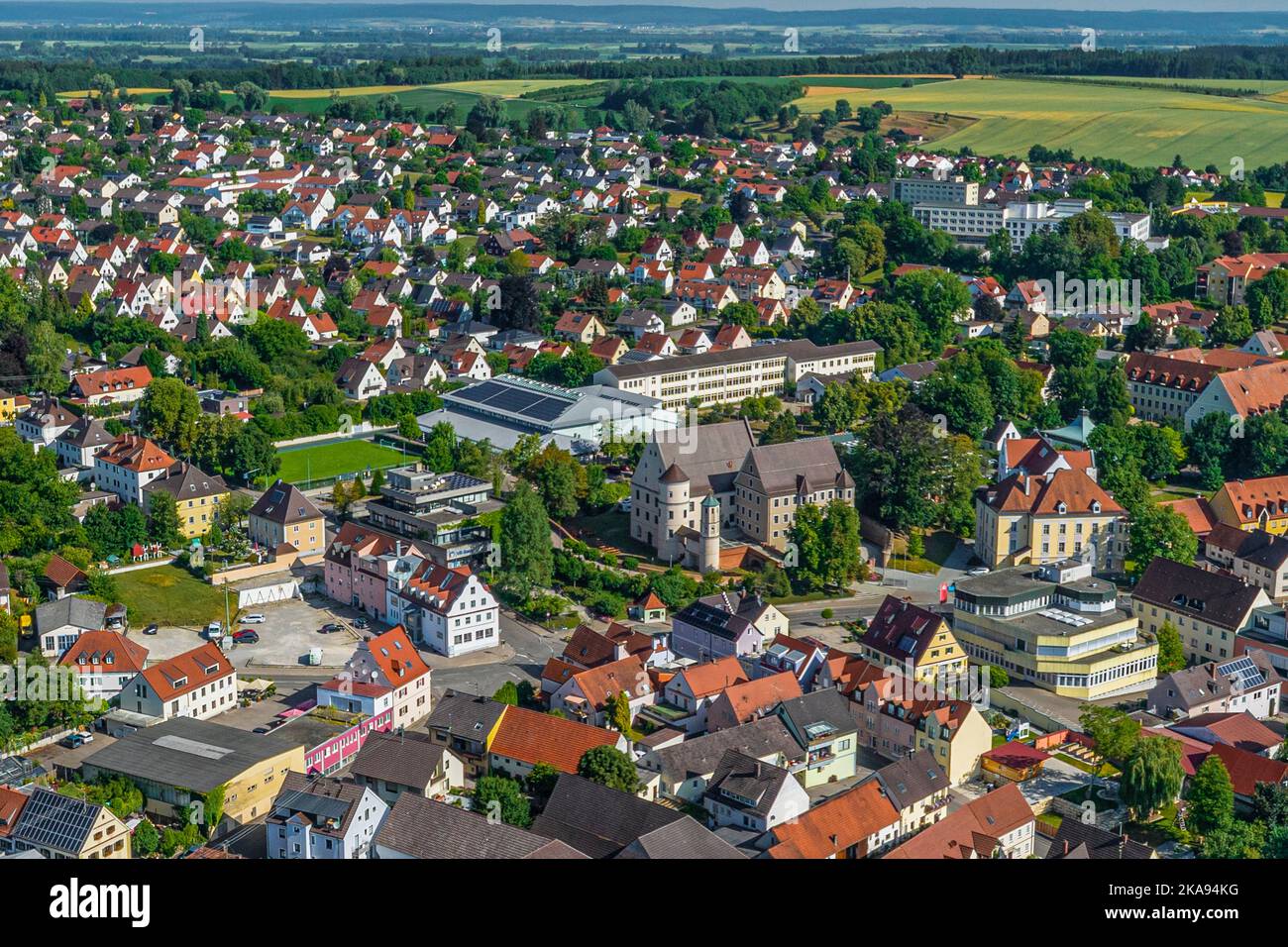 Aerial view to the little country town of Wertingen in northern part of ...