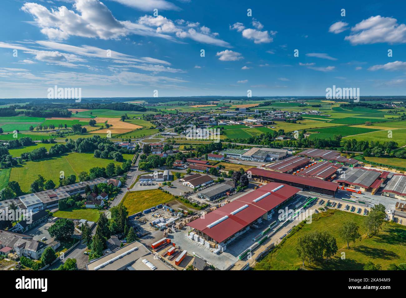 Aerial view to the little country town of Wertingen in northern part of ...