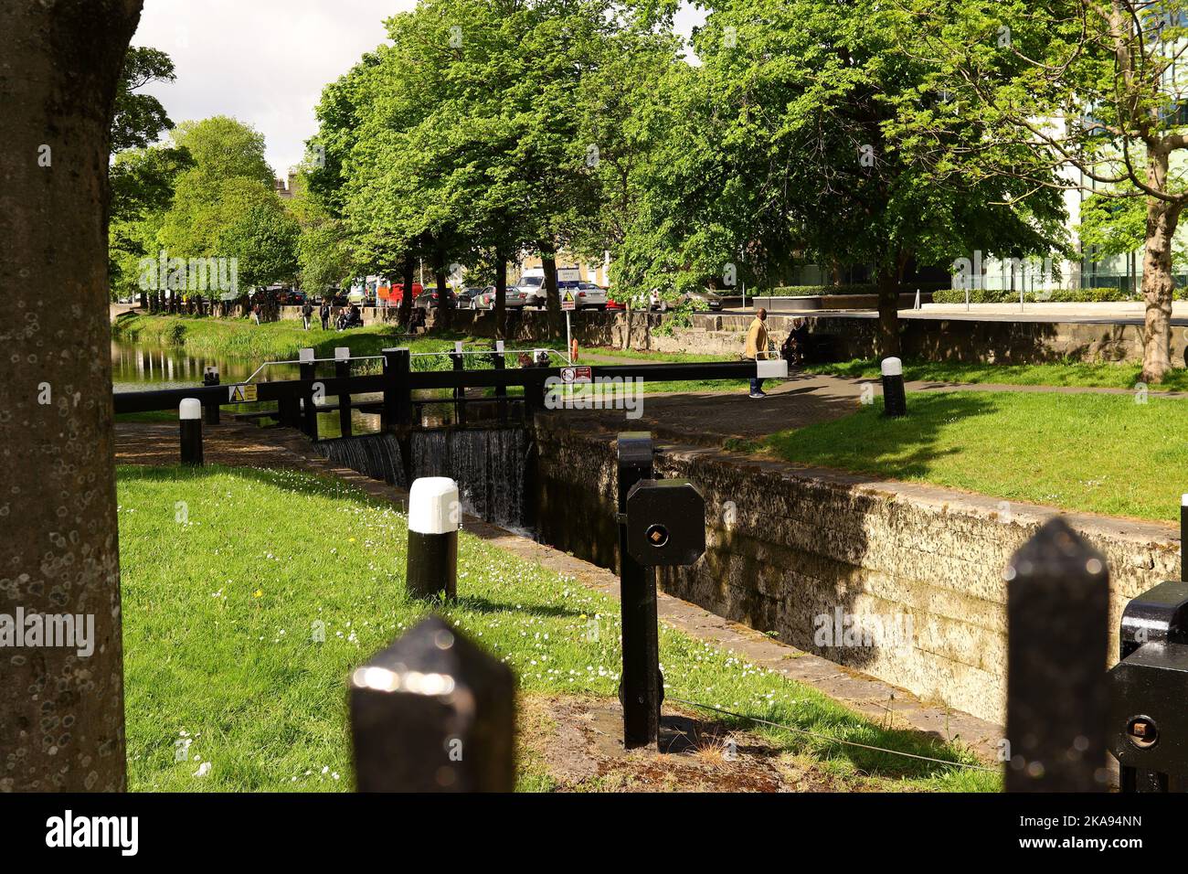 Spring day at the Grand Canal, Dublin Ireland with canal lock and ...