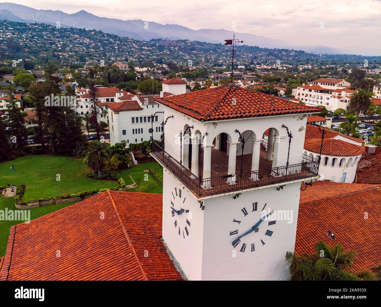 A high angle shot of a Santa Barbara Courthouse clock tower with the ...