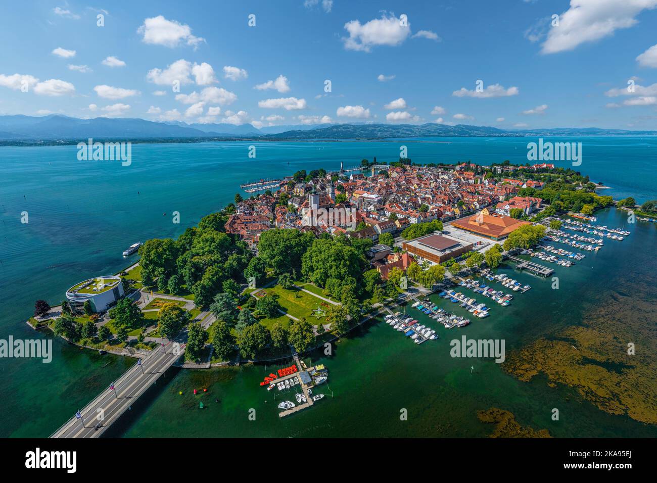 Aerial view to the beautiful town of Lindau on Lake Constance with its ...