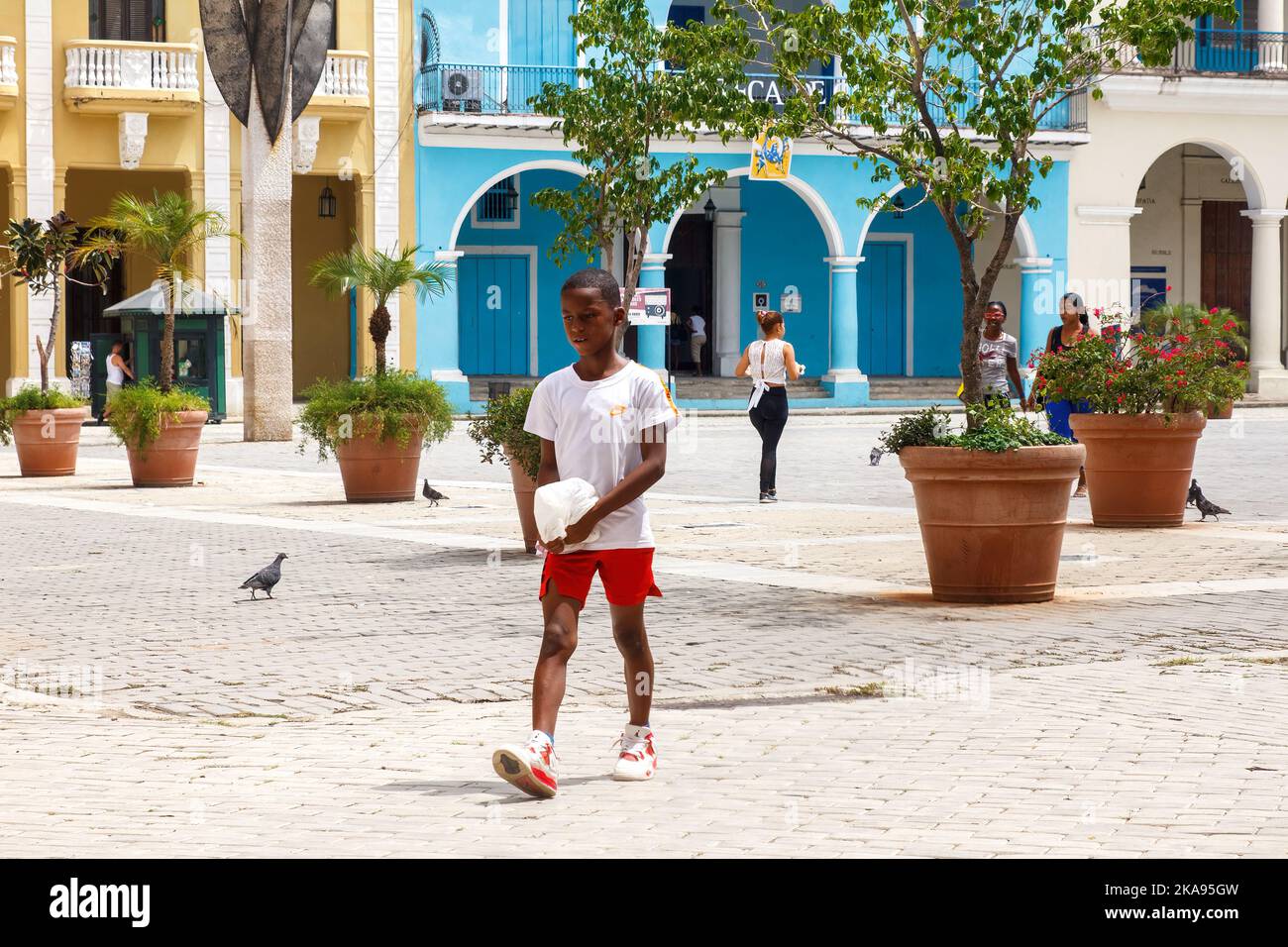 An Afro-Caribbean Cuban child walks in the cobblestoned Plaza Vieja in ...