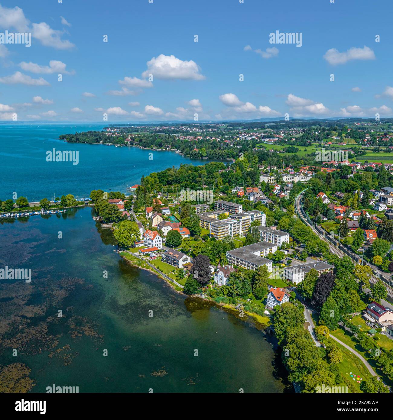 Aerial view to the beautiful town of Lindau on Lake Constance with its ...