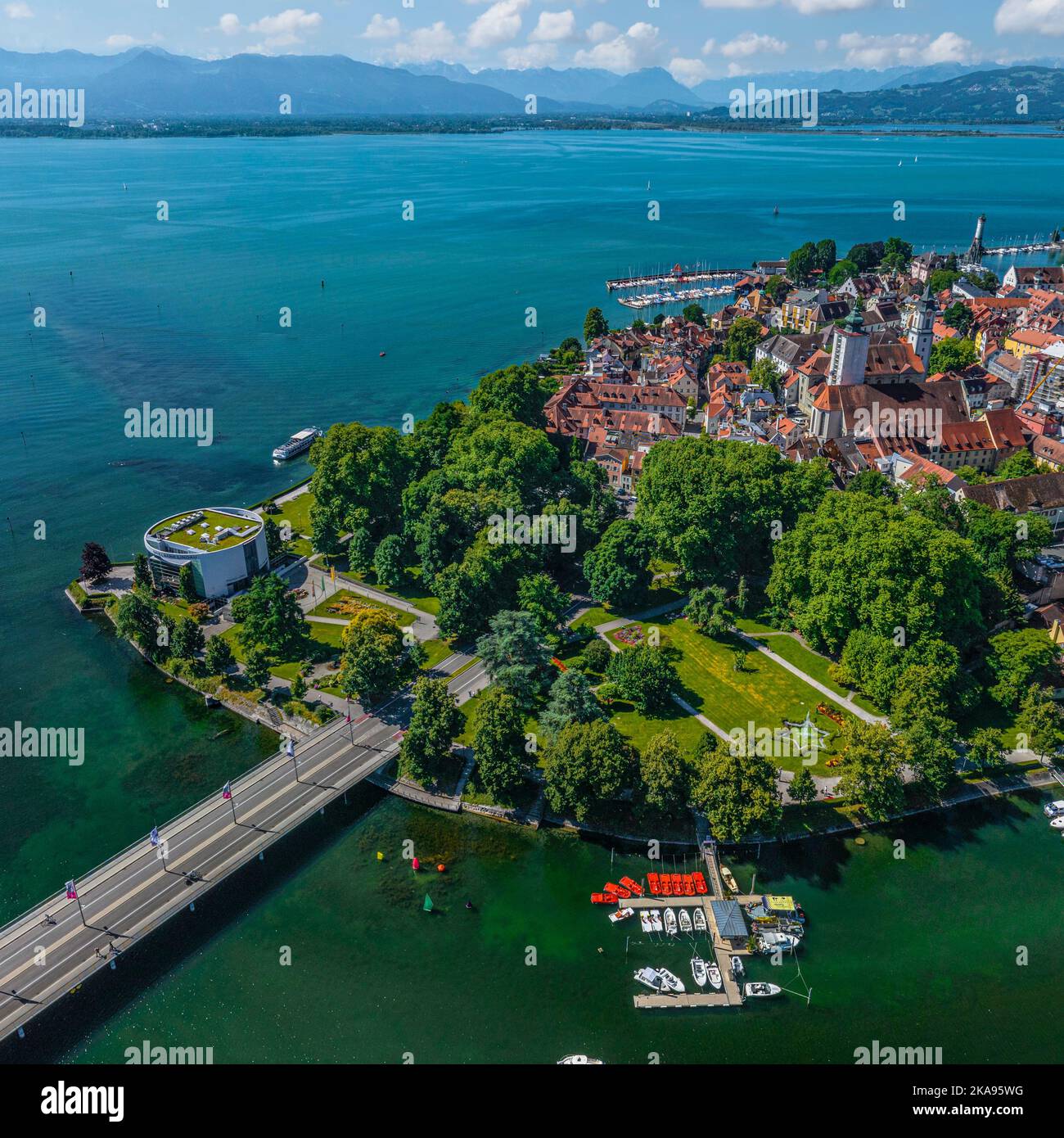 Aerial view to the beautiful town of Lindau on Lake Constance with its ...