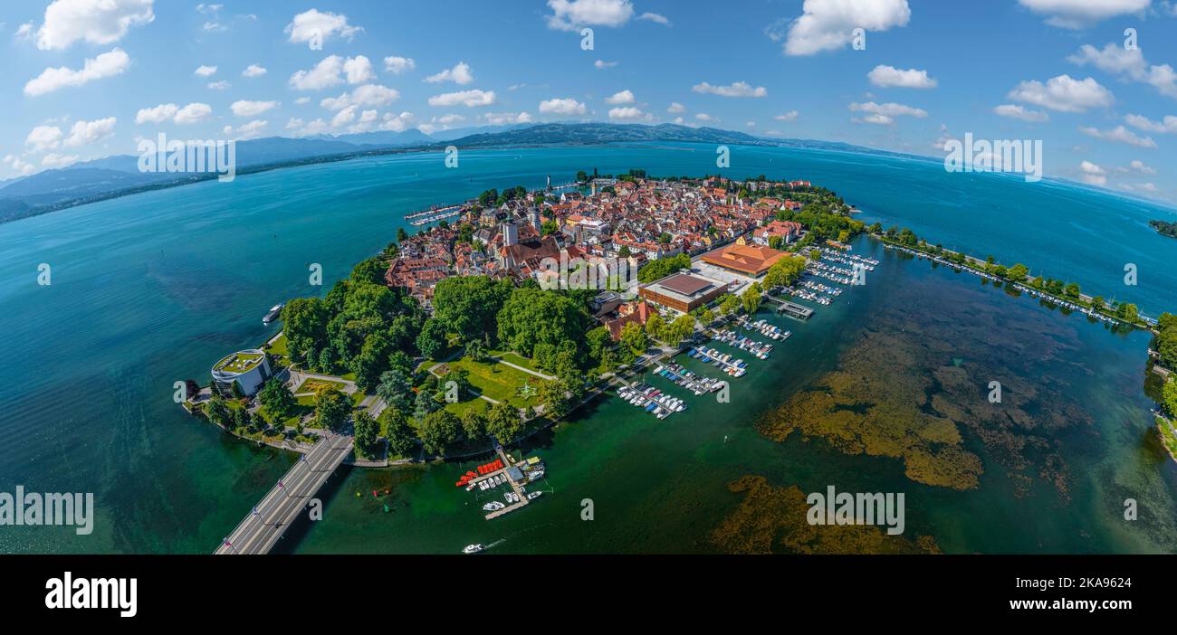 Aerial view to the beautiful town of Lindau on Lake Constance with its ...