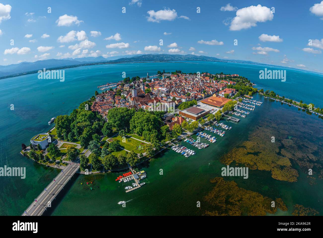 Aerial view to the beautiful town of Lindau on Lake Constance with its ...