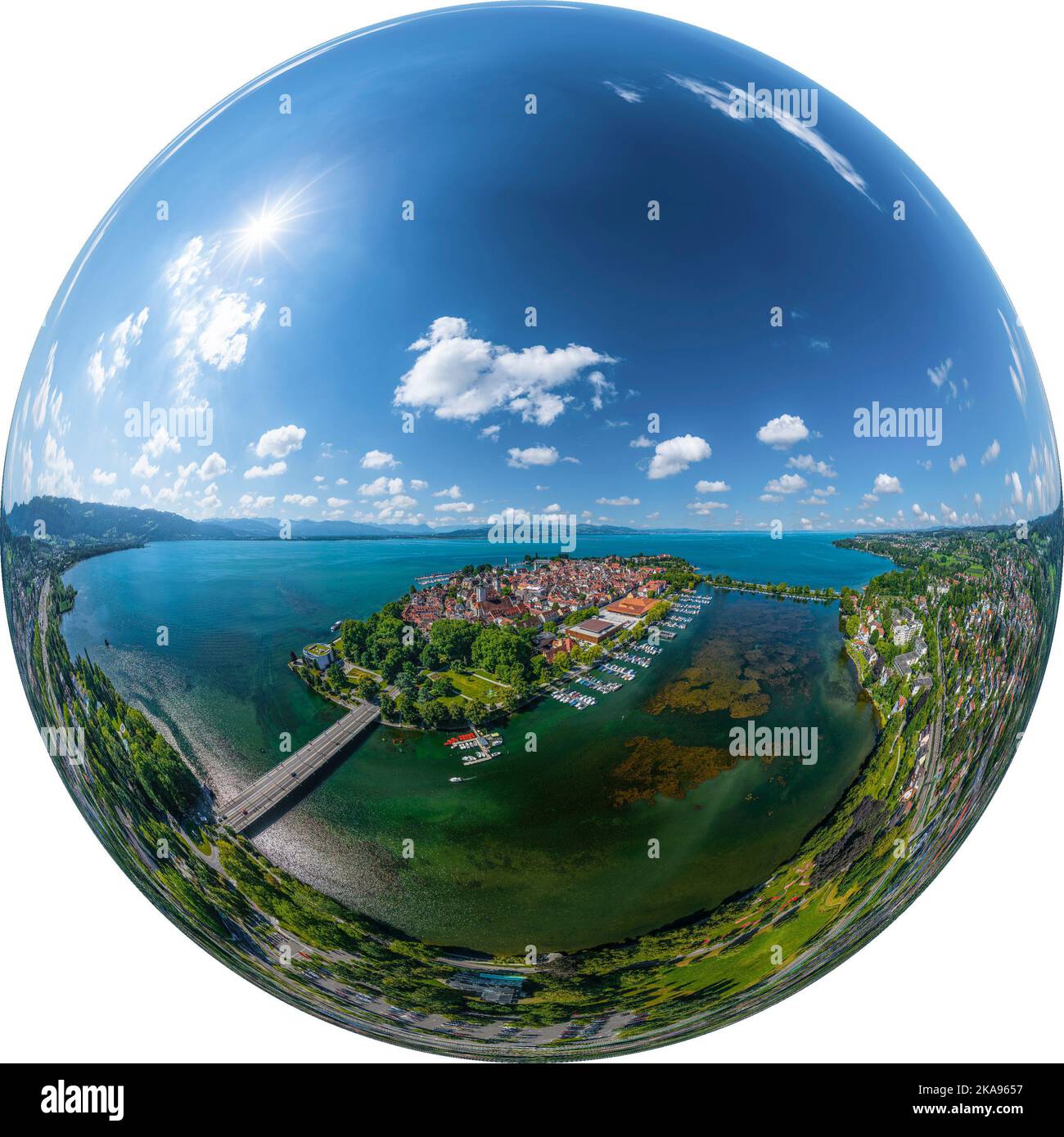 Aerial view to the beautiful town of Lindau on Lake Constance with its ...