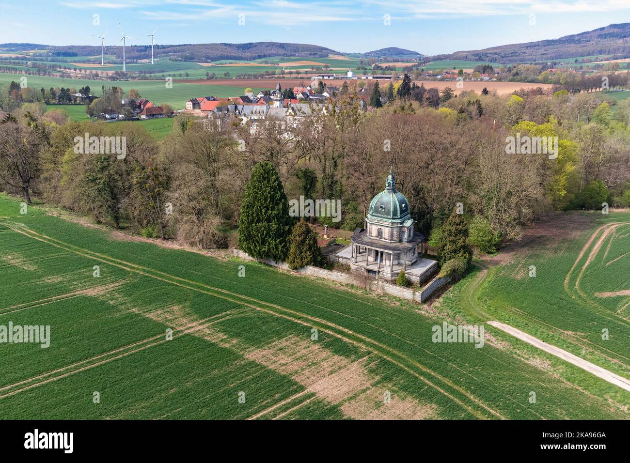 An aerial view of an old mausoleum in the Hasperde Castle Park in Bad ...