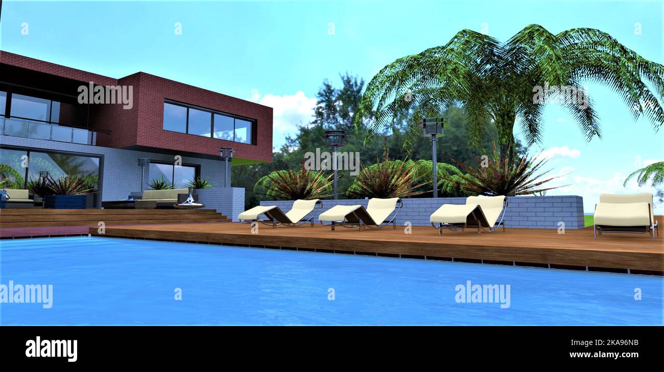 Swimming pool and wooden terrace with beige outdoor loungers in the ...
