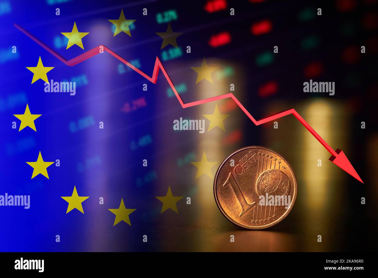 One cent euro coin on the background of stacks of coins and Falling ...