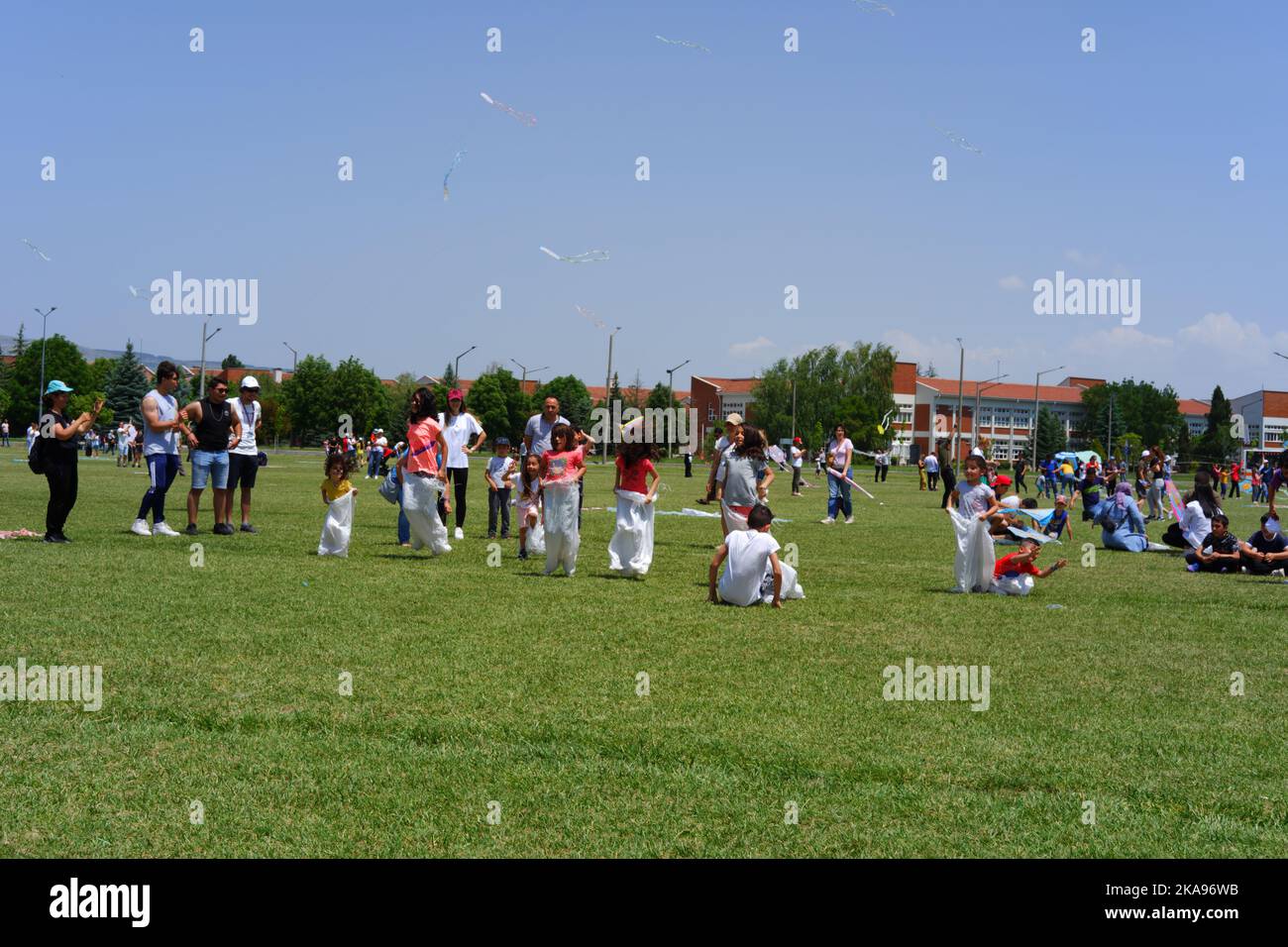 People having fun at gunnysack race on grass in a sunny day. Laughing ...