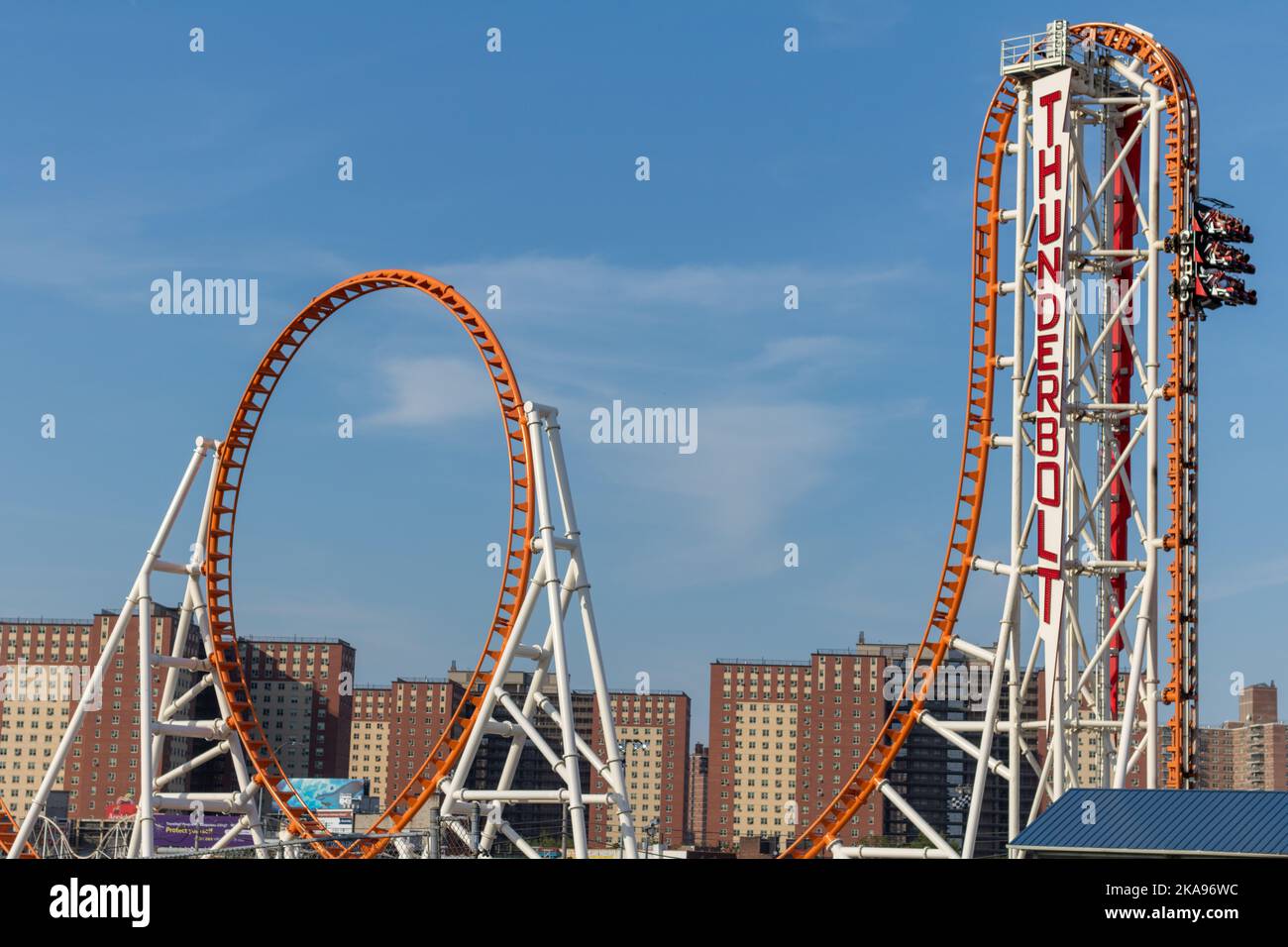 The Thunderbolt Roller Coaster in Coney Island against the blue sky ...