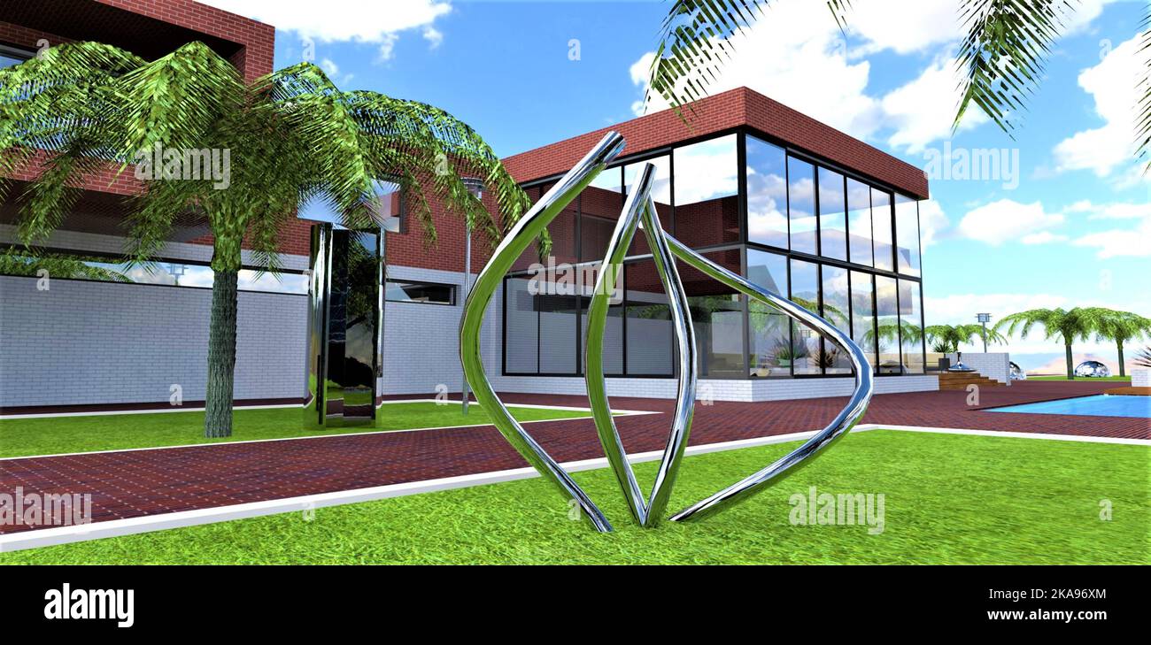 A wonderful installation of bent metal pipes on the lawn in the ...
