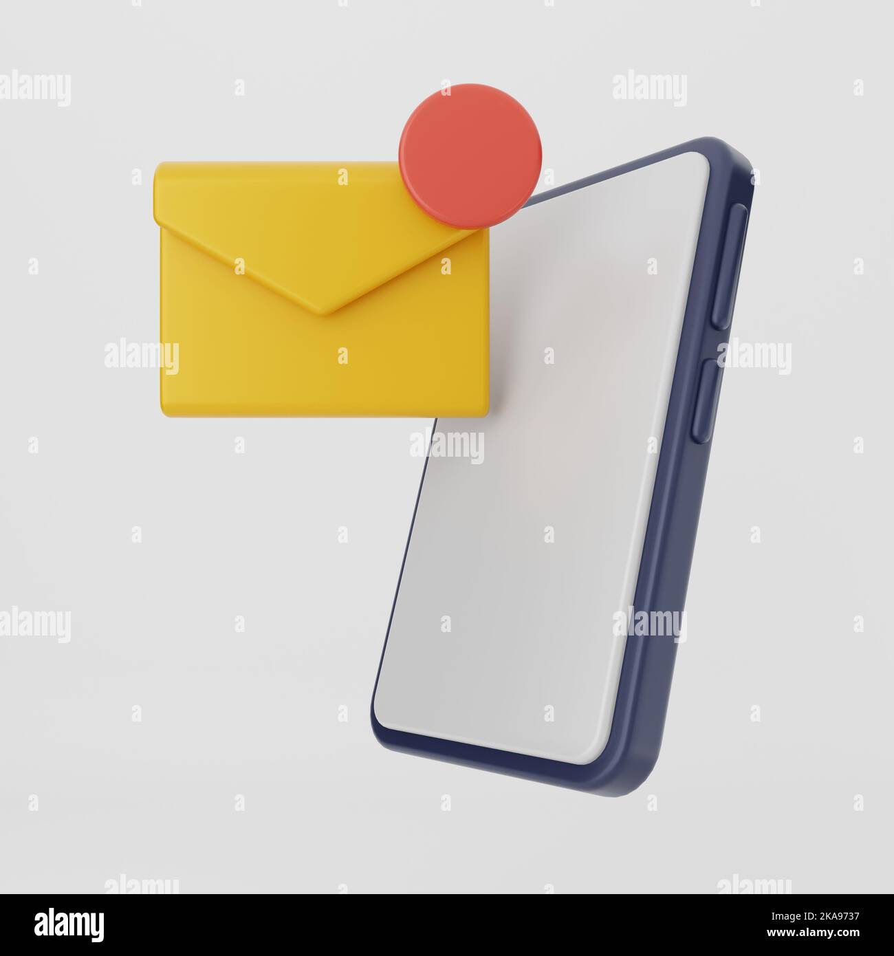 A 3d rendering of a yellow envelope with a red push notification icon ...