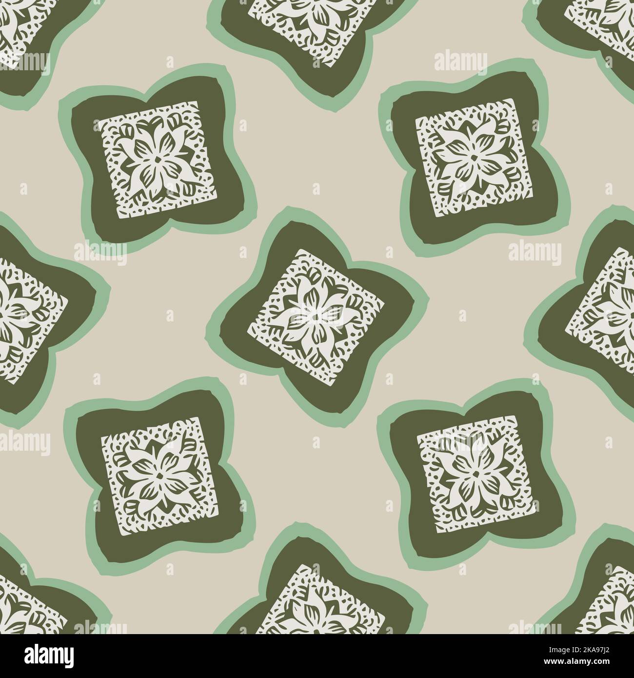 Hand drawn retro block print seamless pattern. Vector 80s vintage ...