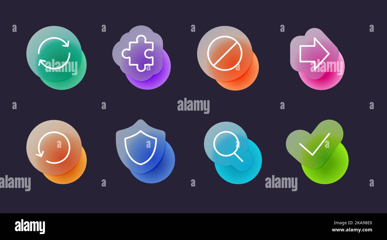 Basic icons set in glassmorphic style on dark background. Transparent ...