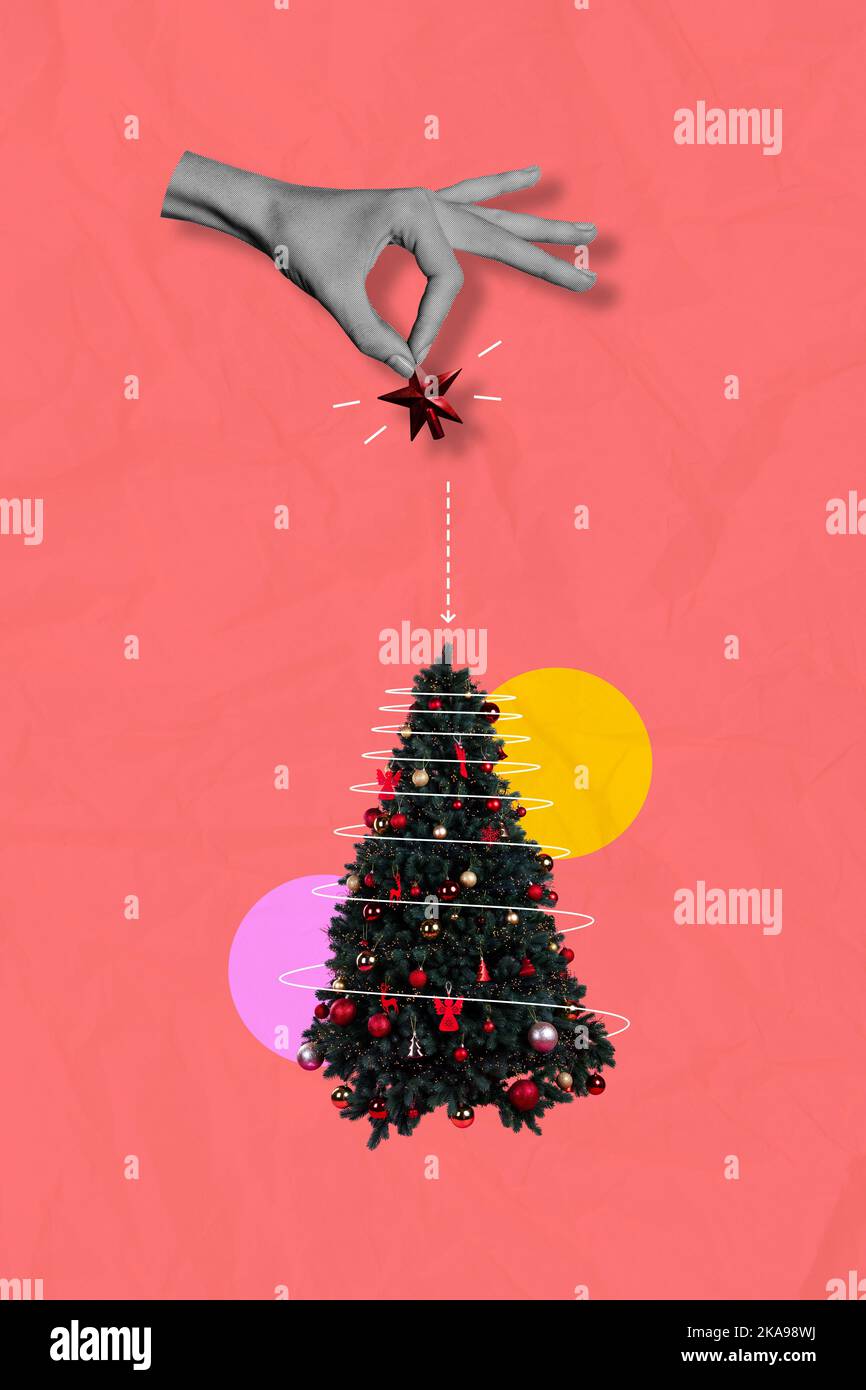 Collage photo banner of decoration christmas tree hold red star detail ...