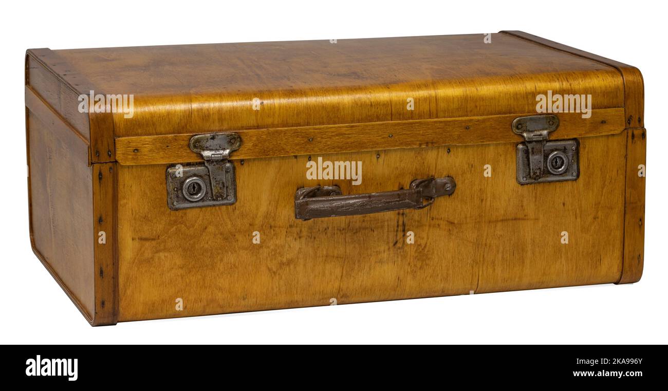 Old plywood chest box isolated on white background Stock Photo - Alamy