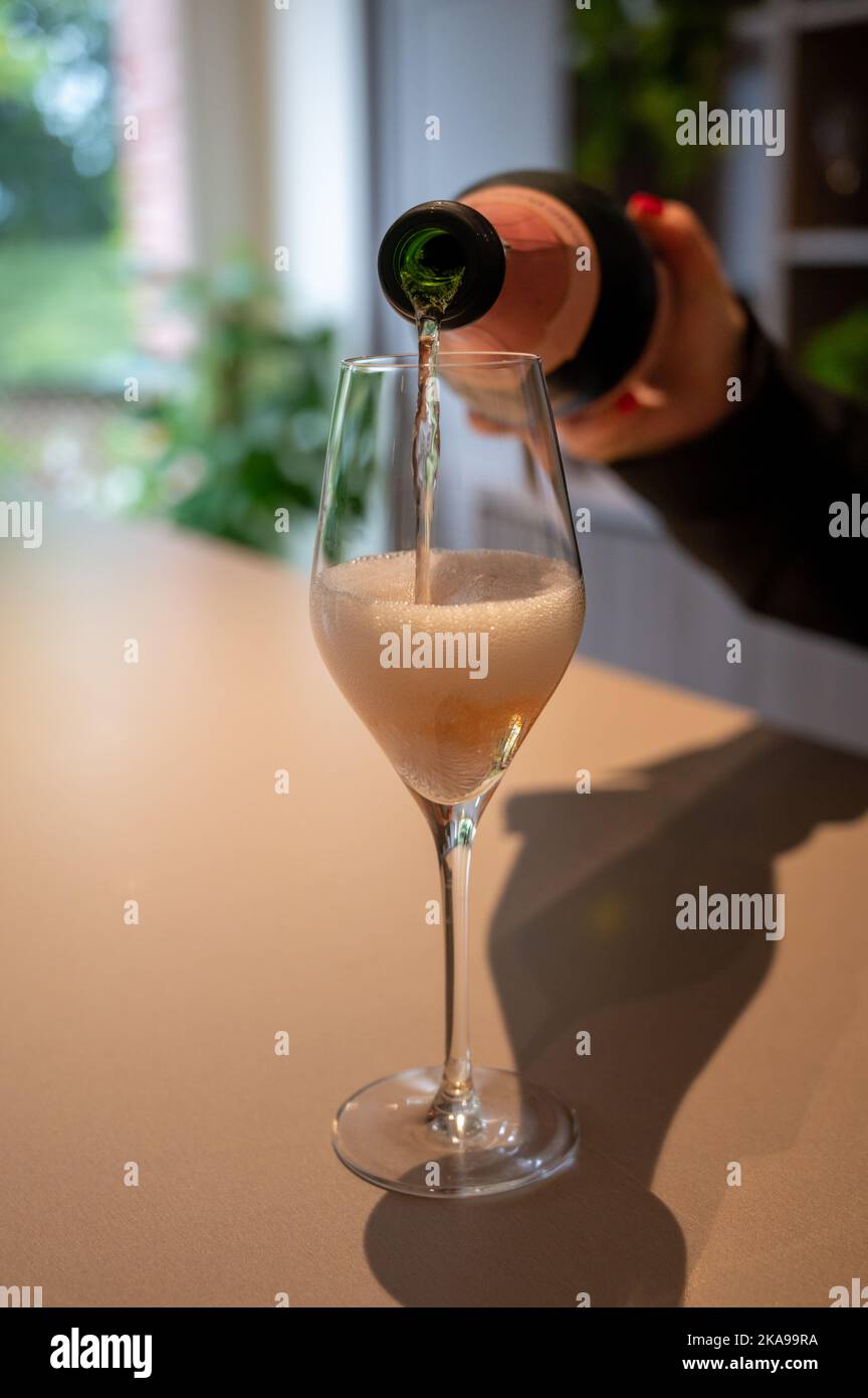 Tasting of rose champagne sparkling wine produced by traditional method in underground caves in ...