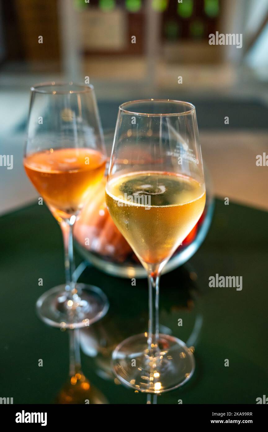 Tasting of brut and rose champagne sparkling wine produced by ...