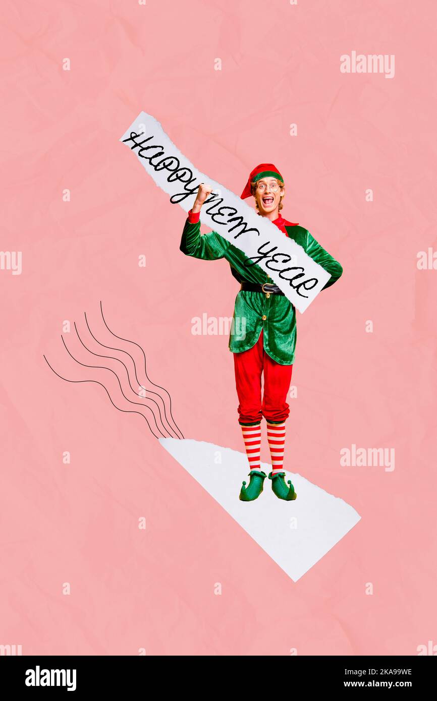 Image picture collage of funny funky man in elf costume hold paper with ...
