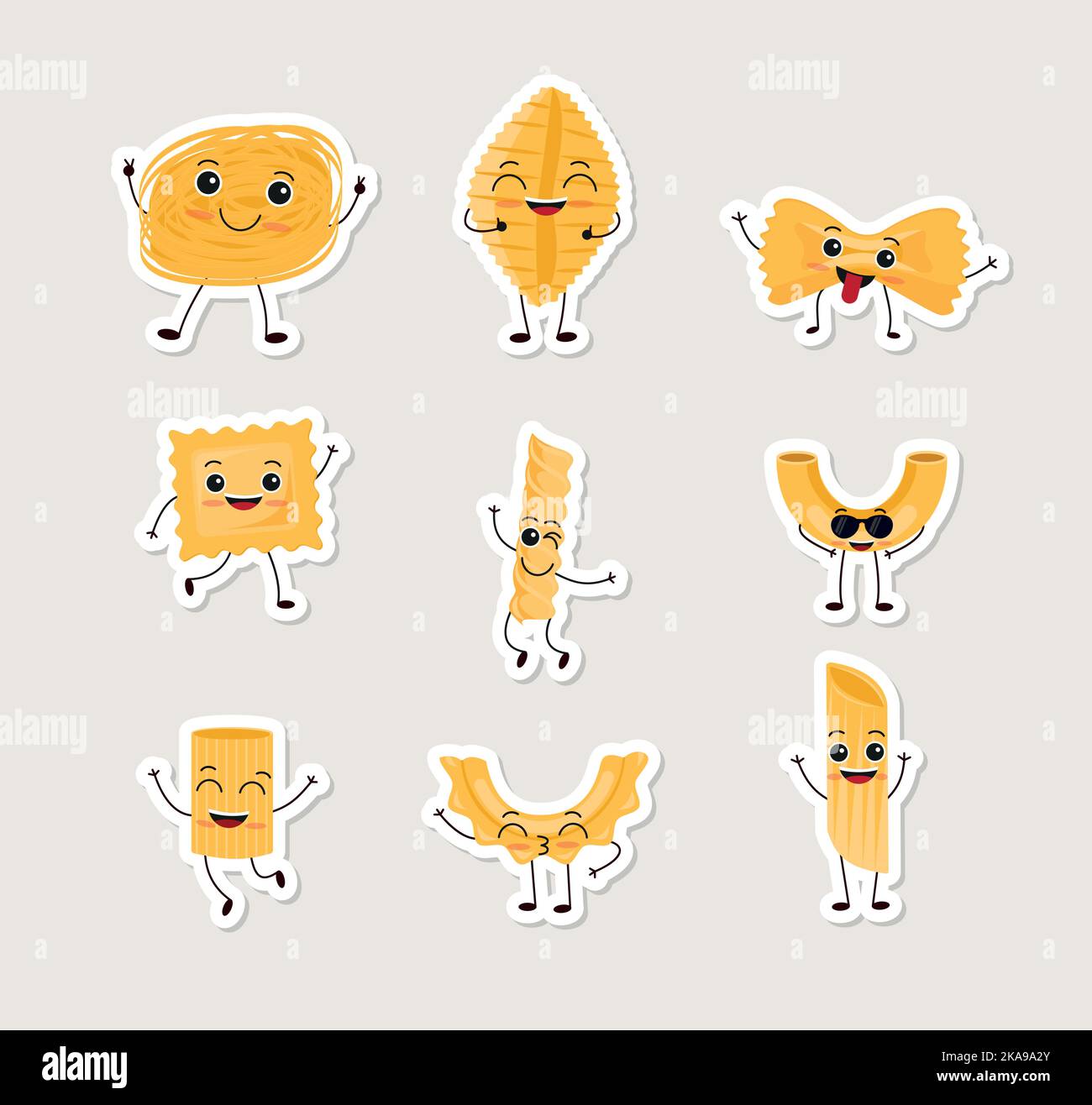 Sticker Pasta Characters Funny Noodles With Cute Faces Hands And Feet Comic Spaghetti Rigati
