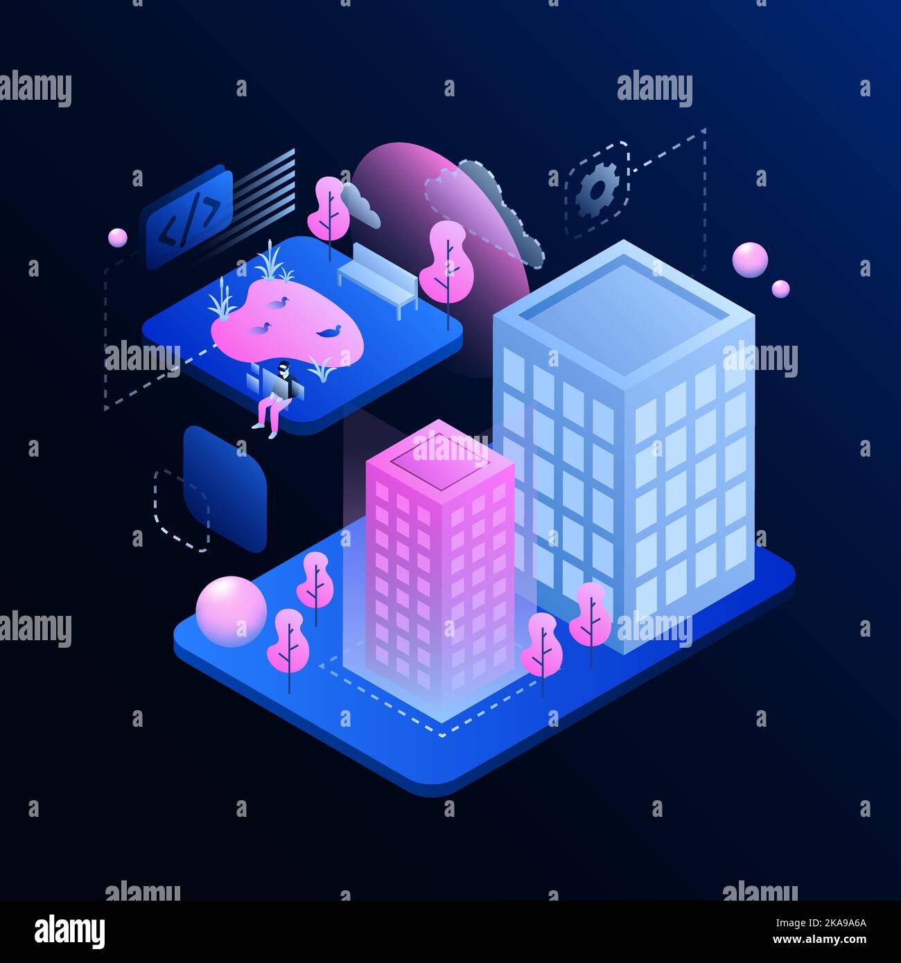 Metaverse World Builder Illustration. Buildings and a Park with a Pond ...