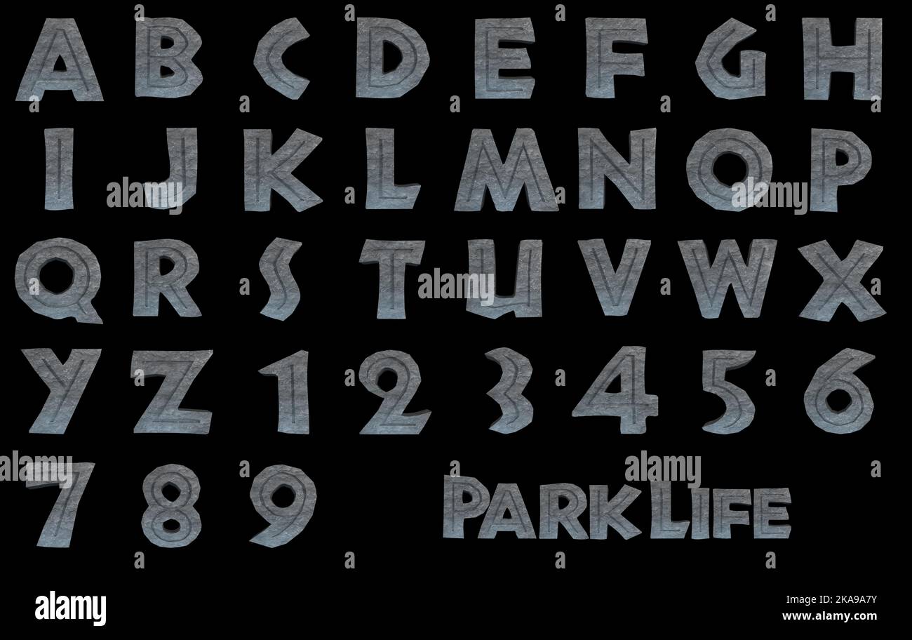 An illustration of a gray bold alphabet and number font on a black ...