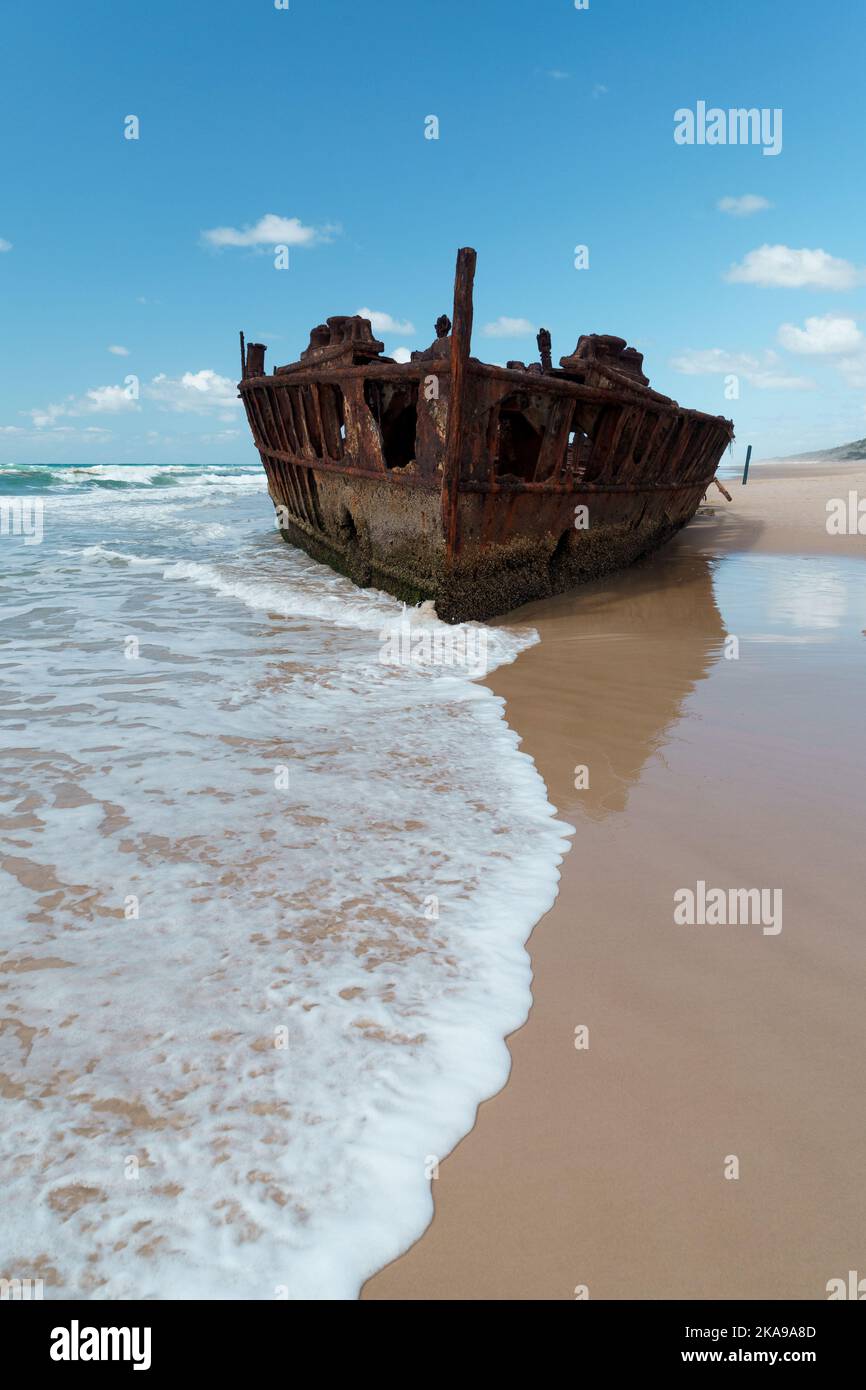 A beautiful vertical shot of the hulk of SS Maheno in Fraser Island ...
