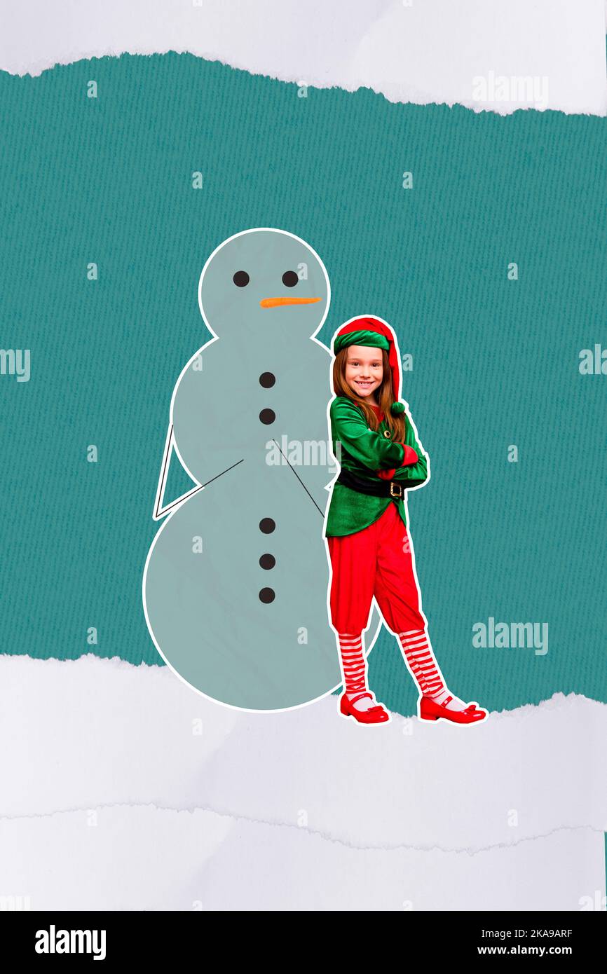 Poster banner image collage of little kid elf make snowman from snow ...