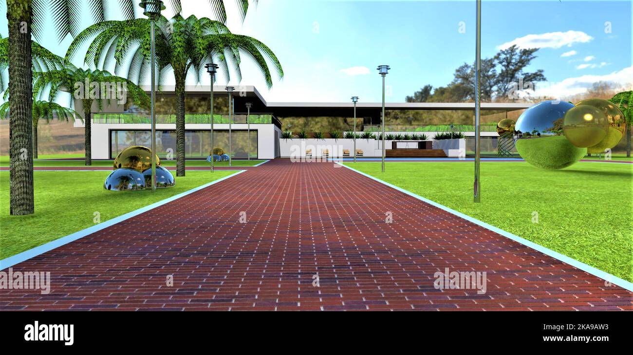 Pedestrian road paved with red brick with a jade border in the ...