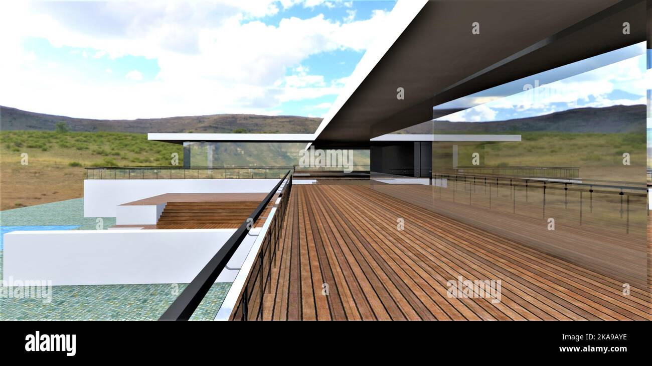 Wooden terrace of an advanced modern country estate. Innovative solid ...