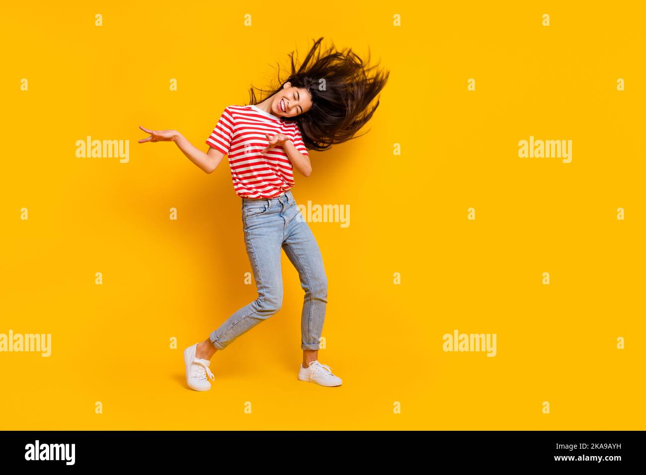 Full length portrait of ecstatic young person enjoy dancing flying ...