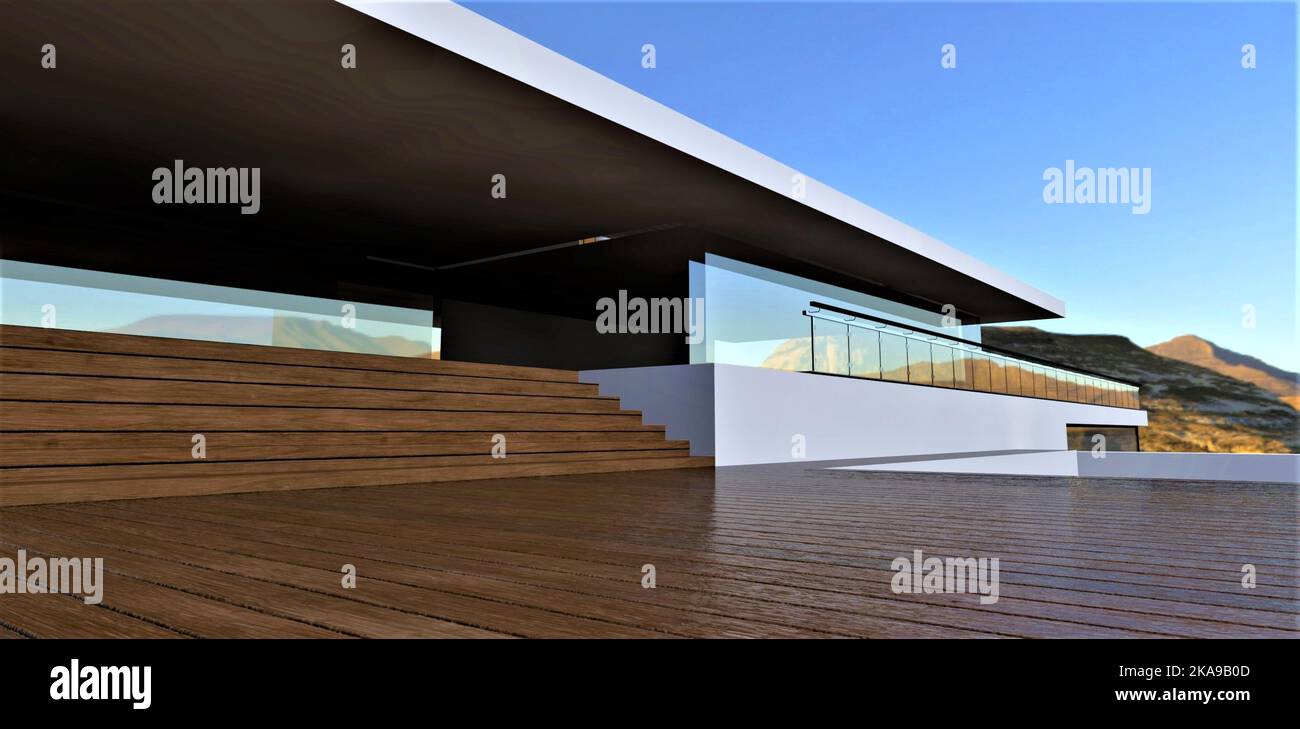 Abstract architecture. Terrace board and wooden wide steps. Glass ...
