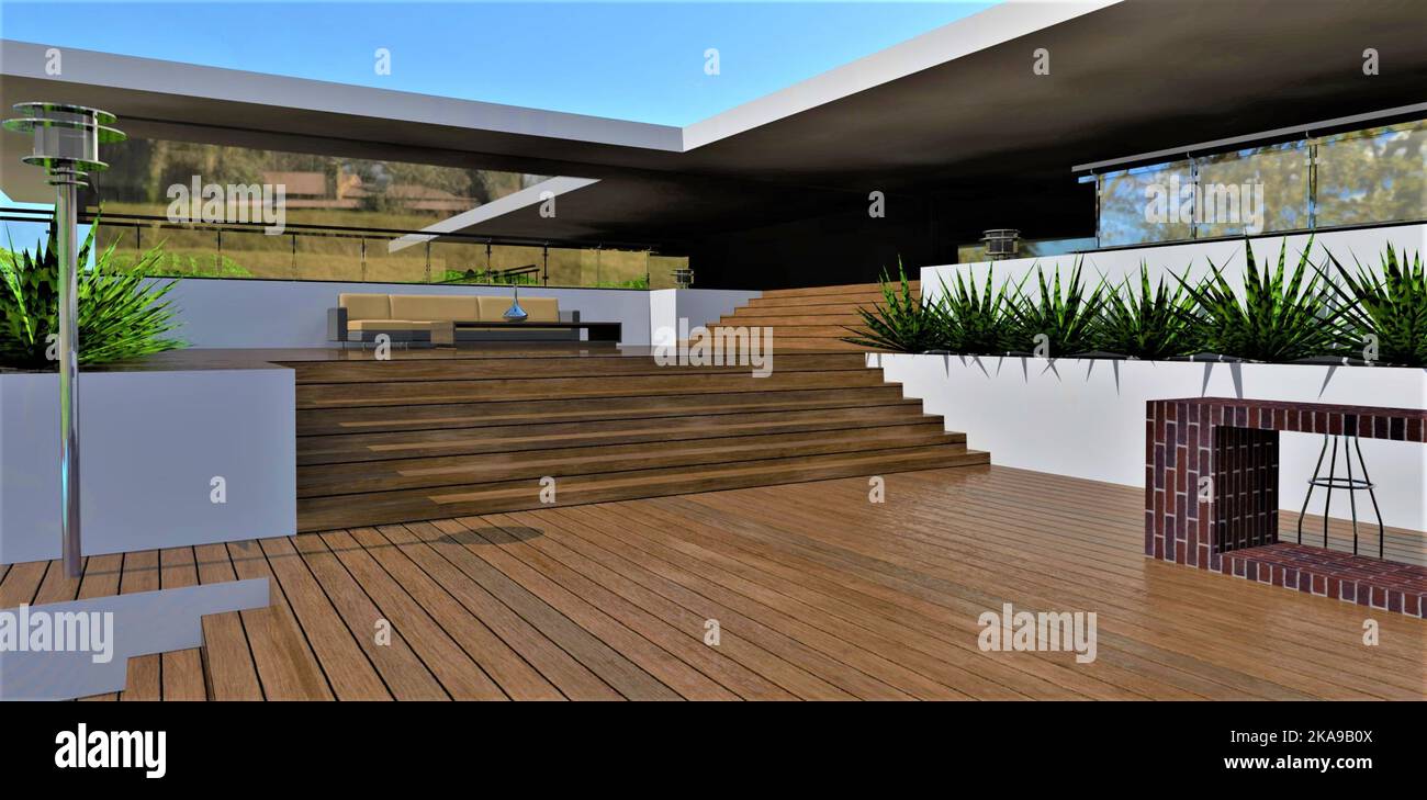 Multi-level wooden deck adjoining a chic contemporary home. Tropical ...