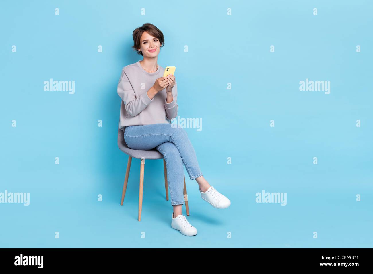 Full length size photo of adorable pretty lady use telephone roll ...