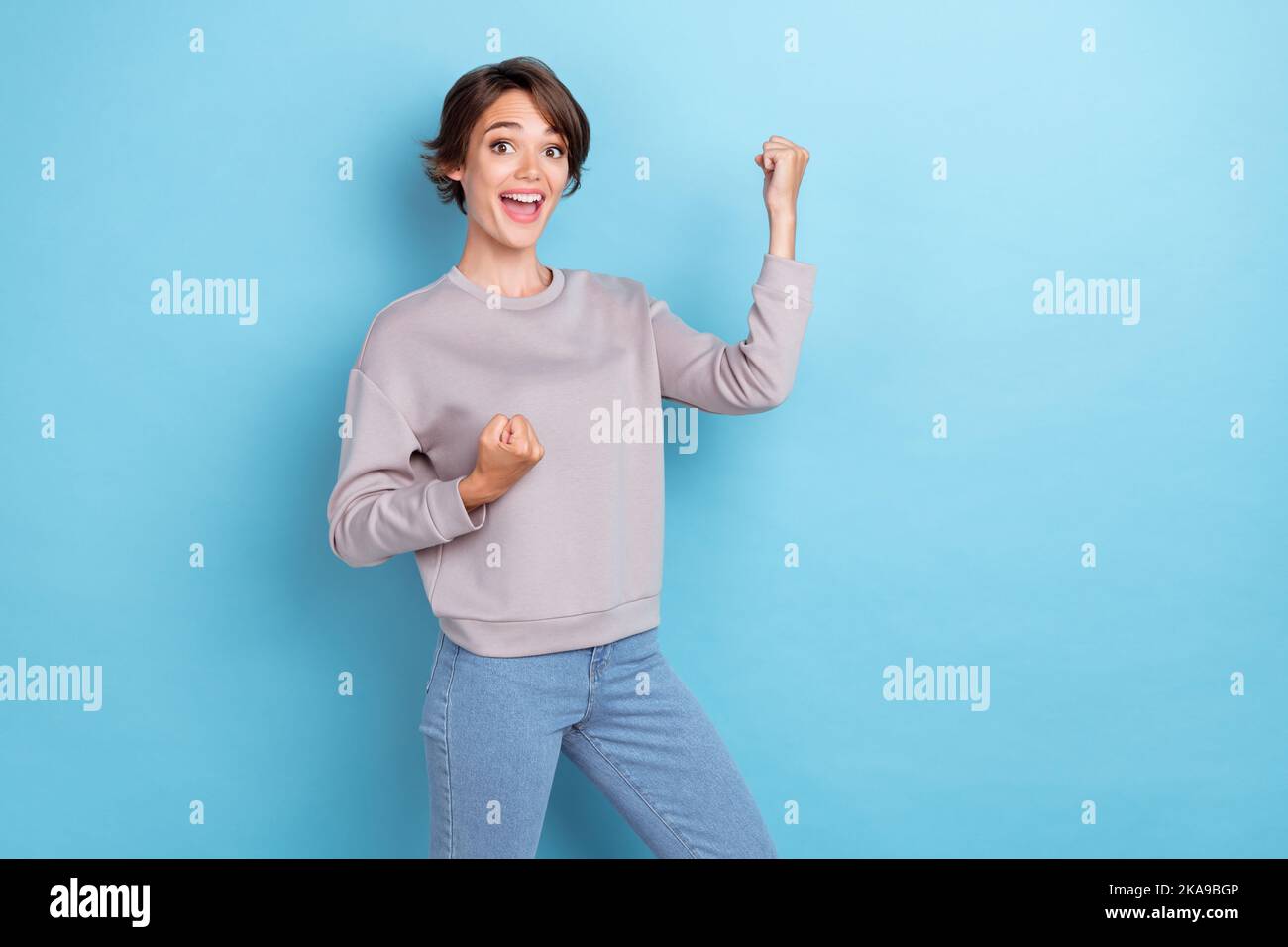 Photo of nice lovely gorgeous girl with bob hairstyle wear gray ...