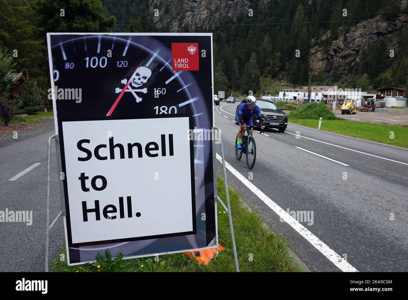 Schnell to Hell, speeding road sign Autumn in the Oetztal Valley ...