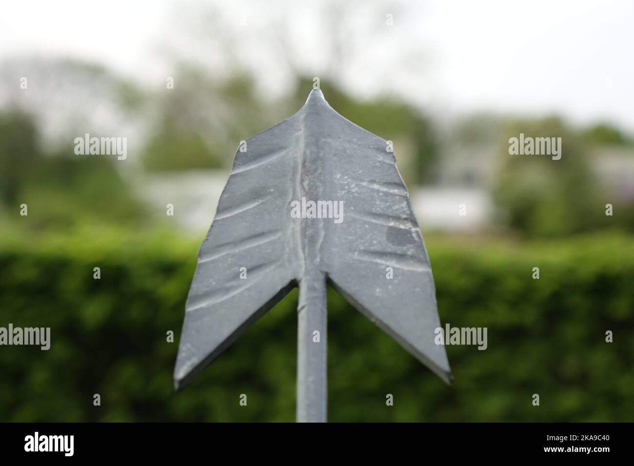 Metal arrow tip pointing forward in spring, concept: target, focus ...