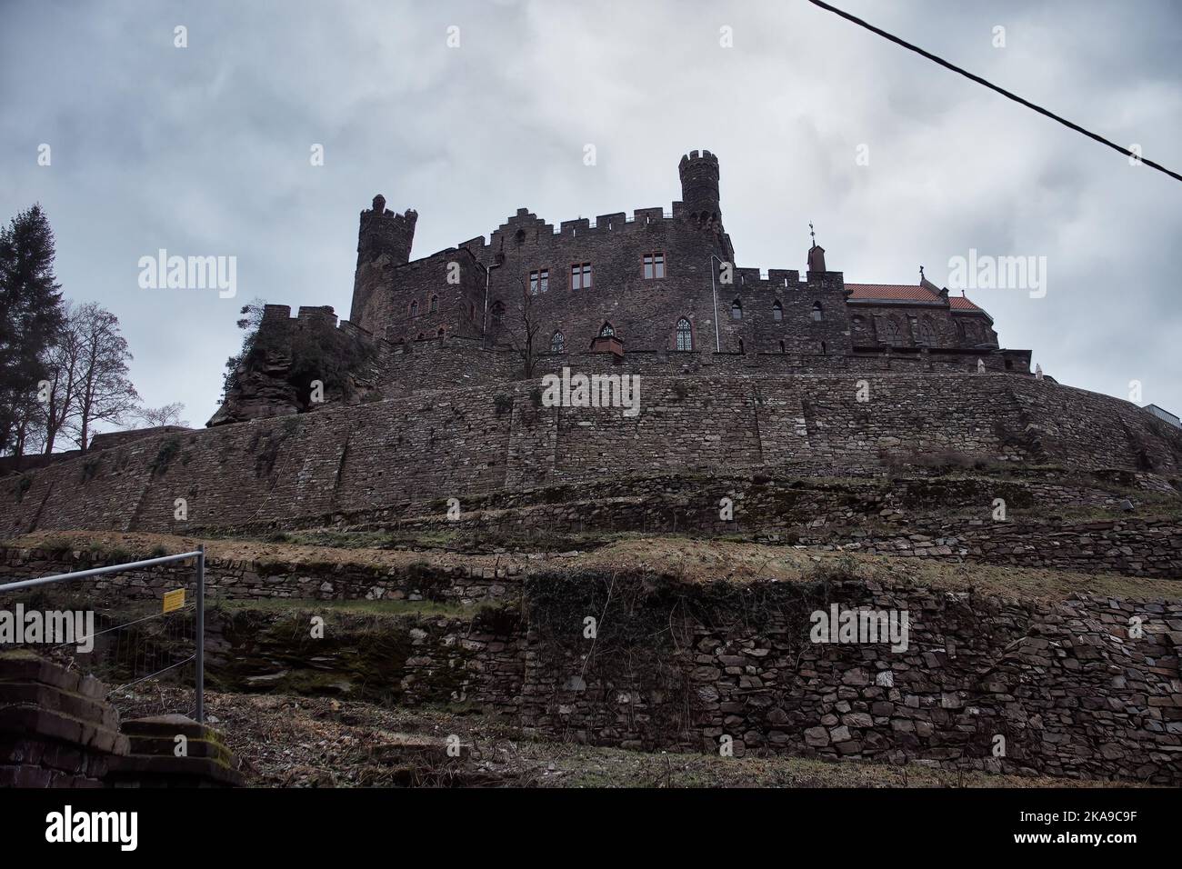 Trechtingshausen, Germany - January 2, 2021: Looking up at Reichenstein ...