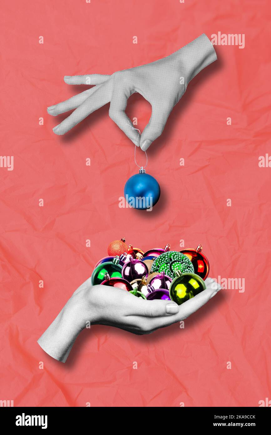 Collage photo of creative poster preparation hold stack christmas balls ...