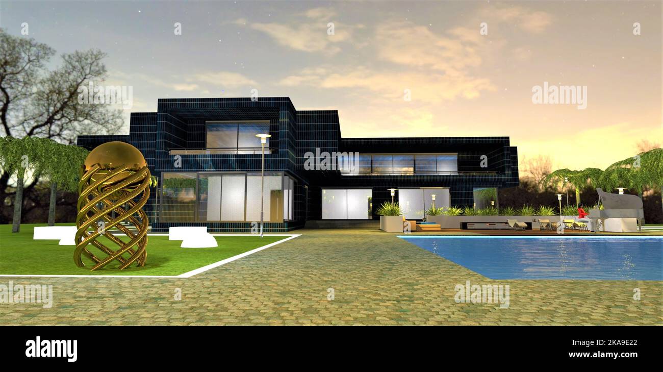 Innovative smart home finished with photovoltaic panels. Gold ...