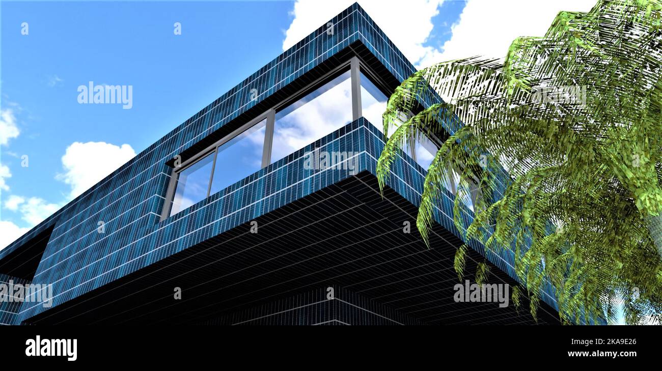 Bottom view of the cantilevered corner of a country eco-friendly house ...