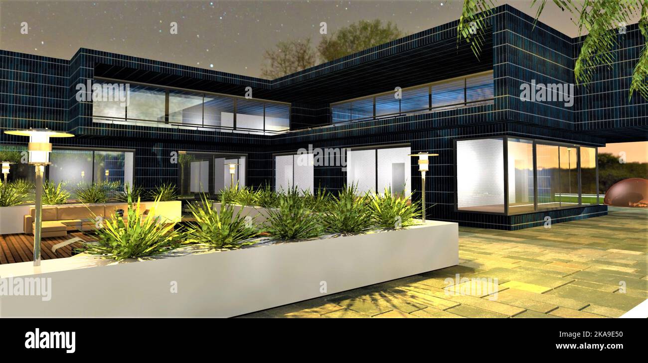 Stunning night view of a cozy patio in the courtyard of an eco-friendly ...