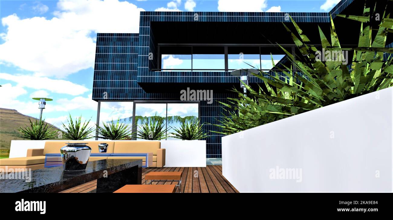 View from the patio of an eco-friendly country house with a solar panel ...