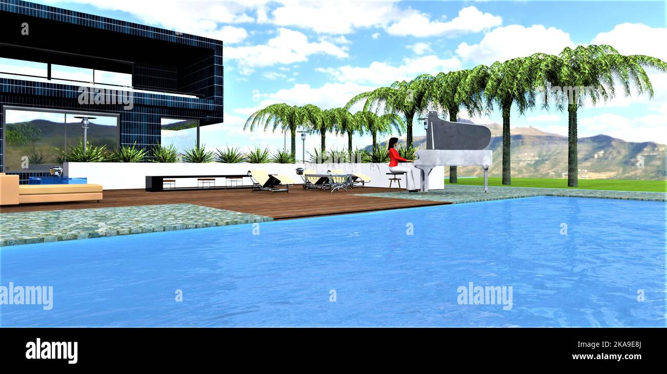 Morning pool patio. A young woman plays the piano. Behind is an energy ...