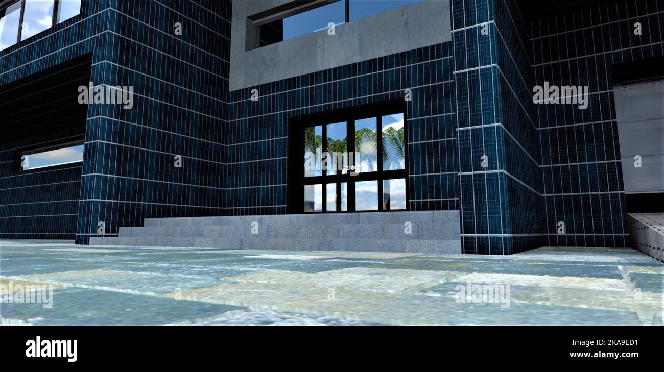 Entrance to a modern building finished with photovoltaic panels. The ...