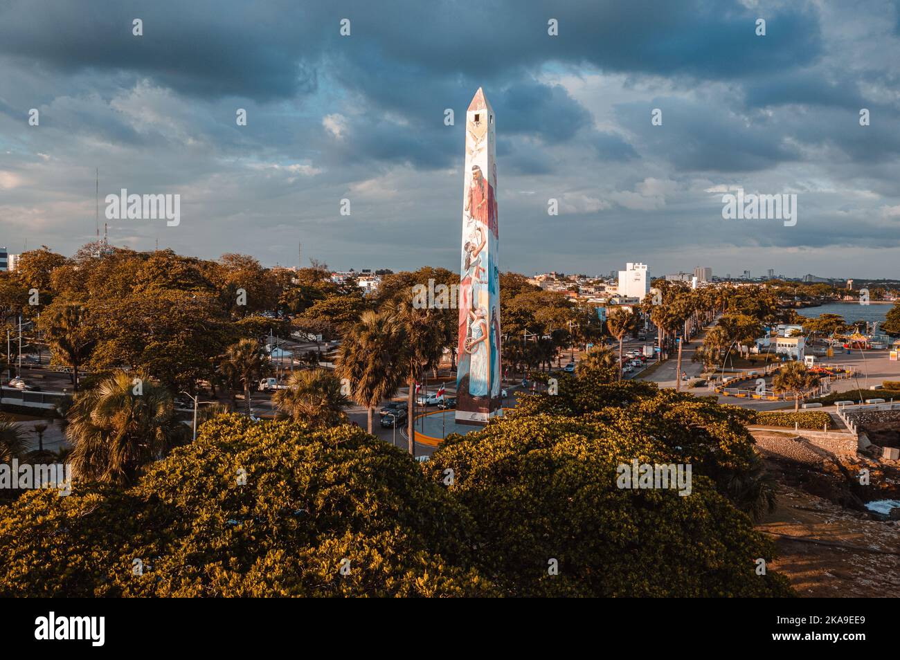 An aerial view of an obelisk during sunset in the Malecon of Santo ...