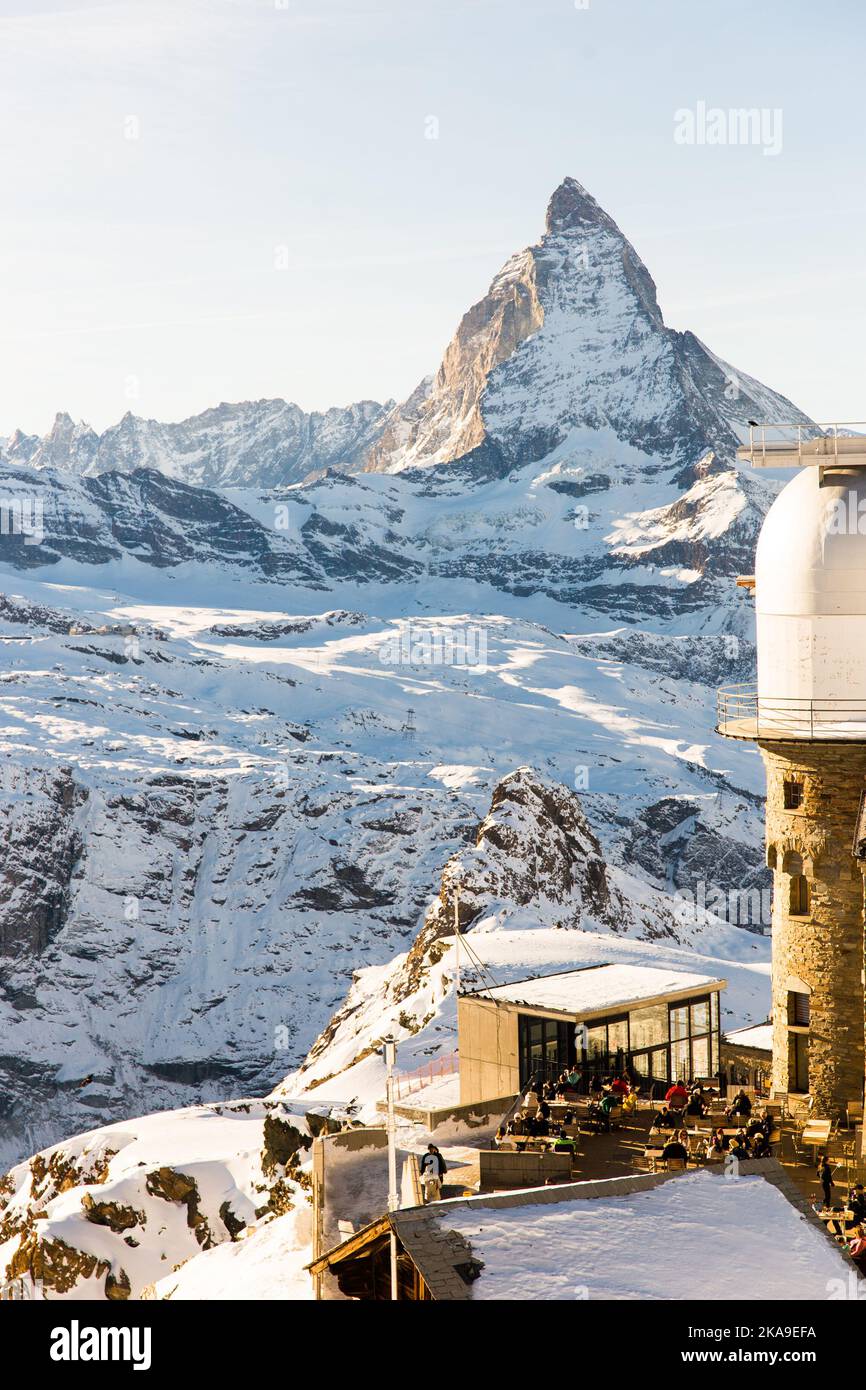 Snowy mountain Matterhorn during the day in winter. Zermatt, swiss alps ...